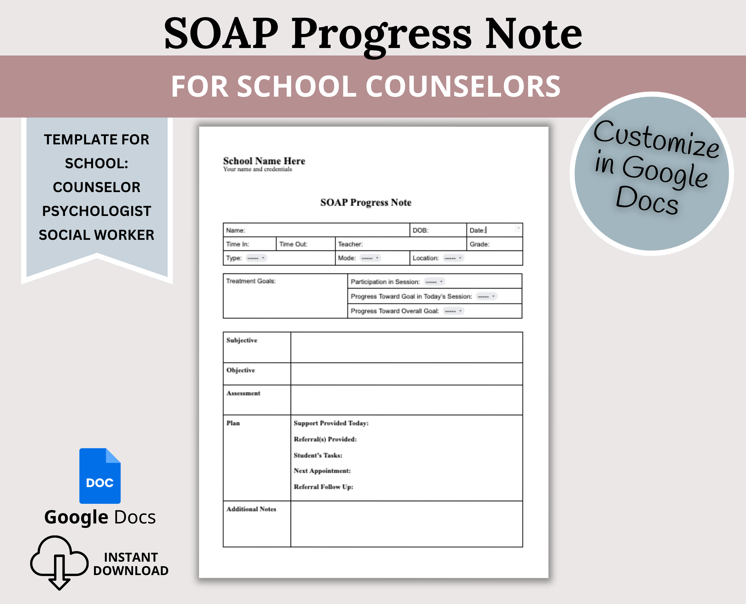 SOAP Progress Note for School Counselors, Editable Google Doc ...