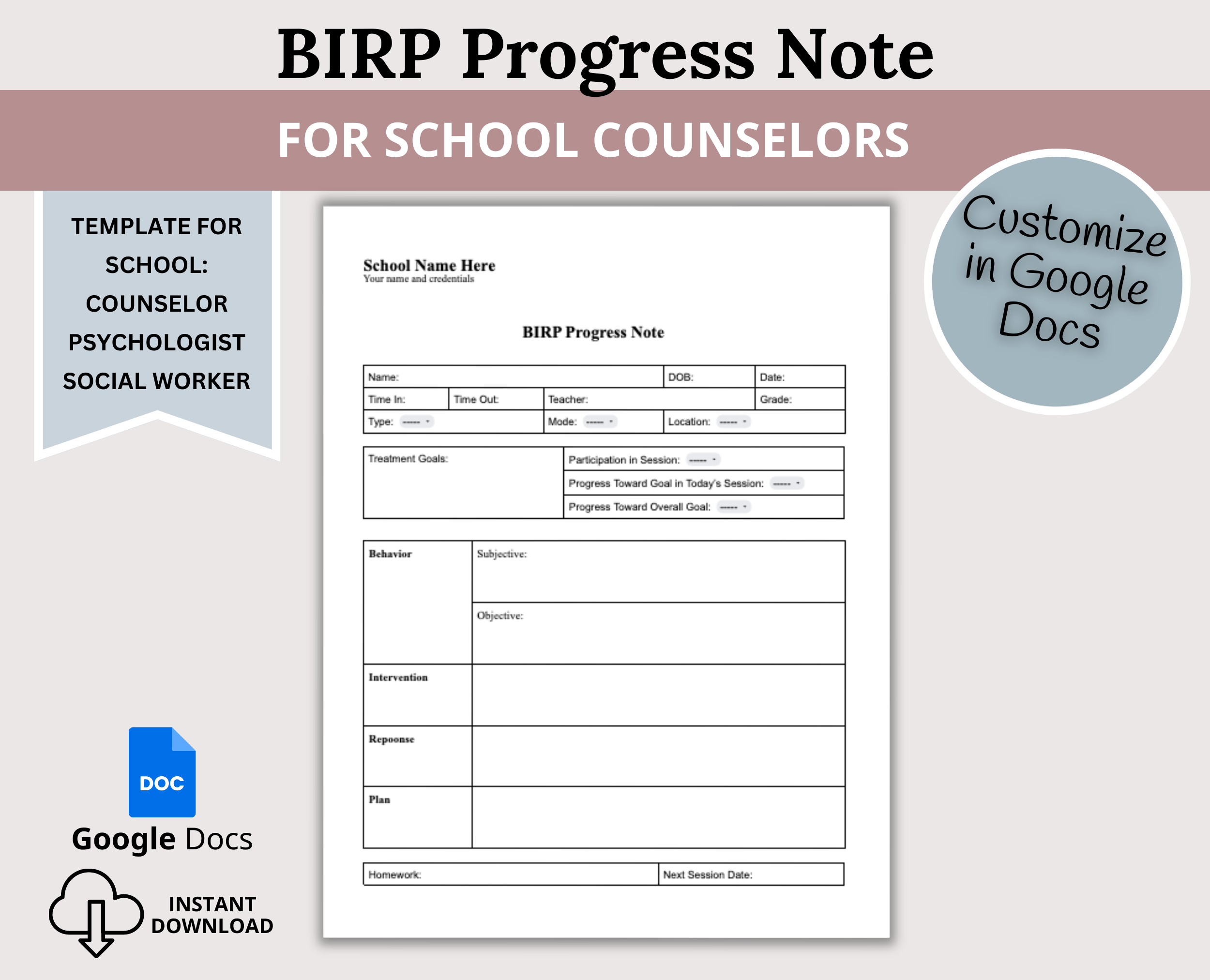 BIRP Progress Note for School Counselors, Editable Google Doc ...