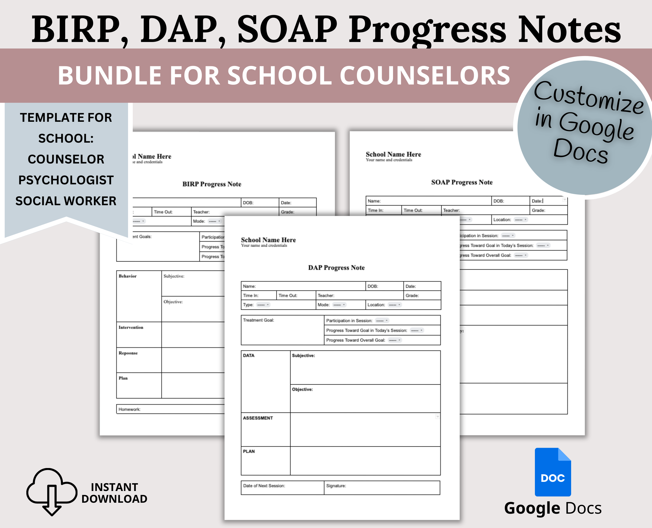 Bundle for School Counselors, BIRP Progress Note, SOAP Progress Note ...