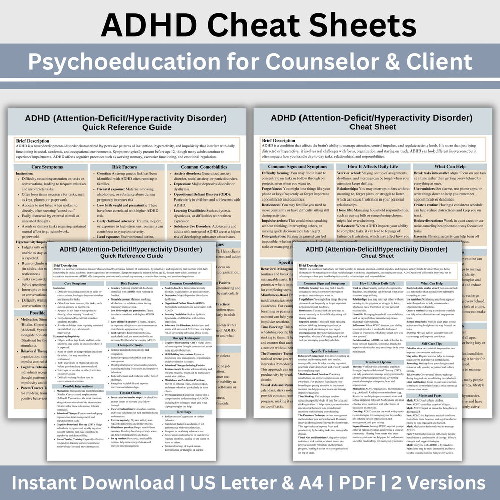 ADHD Therapy Cheat Sheet: 2 IN 1 Psychoeducation for Client and Cheat ...