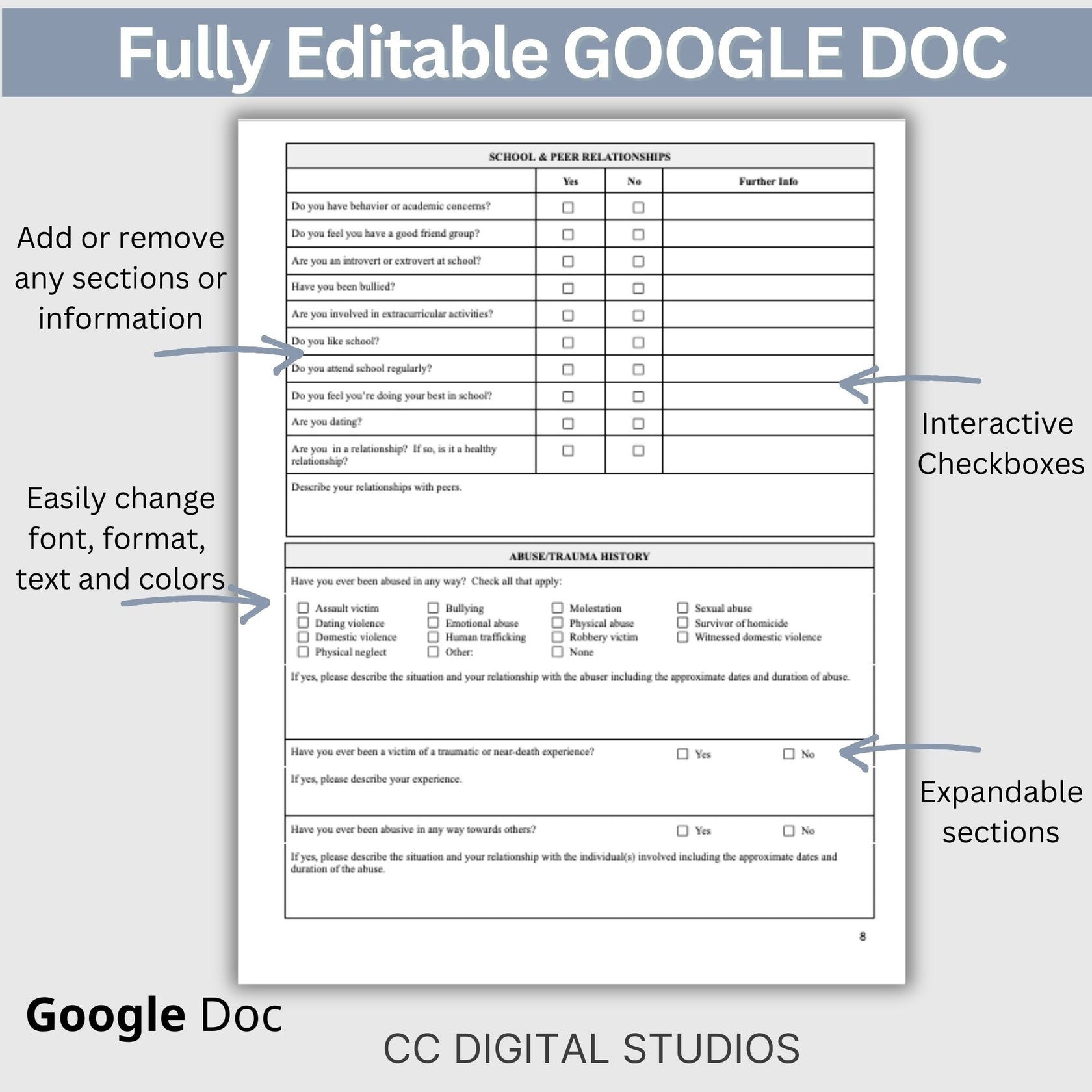 Adolescent Biopsychosocial Assessment Form: Google Doc Template for Ea ...