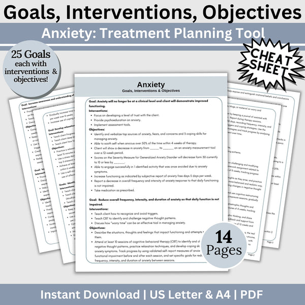 Anxiety Treatment Plan Therapy Tool: Goals, Objectives, Interventions ...
