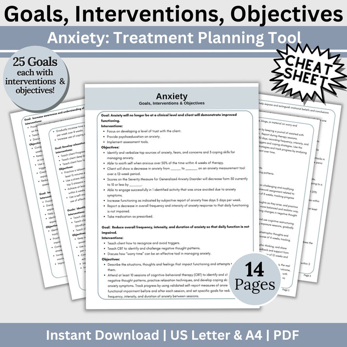 Anxiety Treatment Plan Therapy Tool: Goals, Objectives, Interventions ...