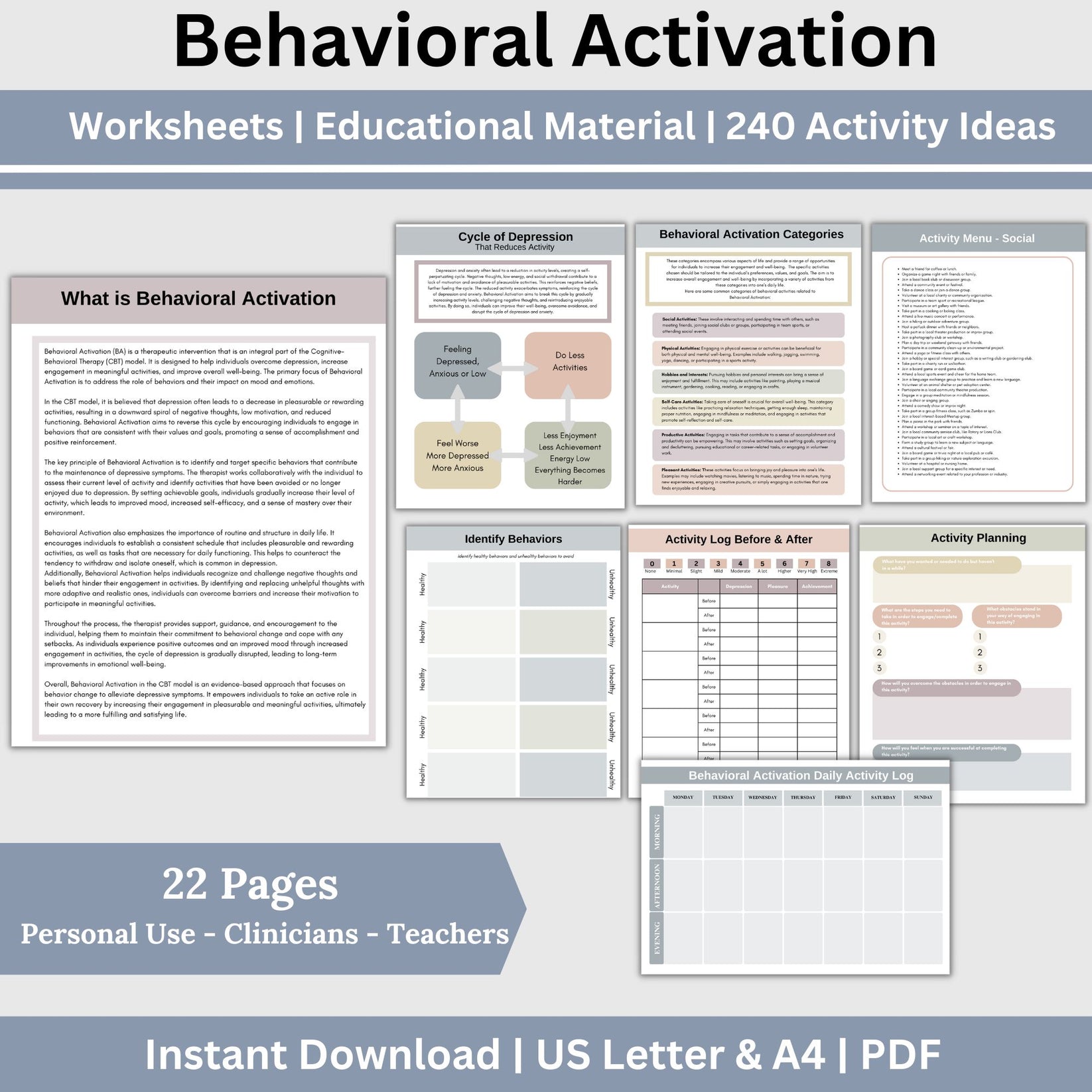 Behavioral Activation CBT Therapy Worksheets: Track and Understand Emo ...