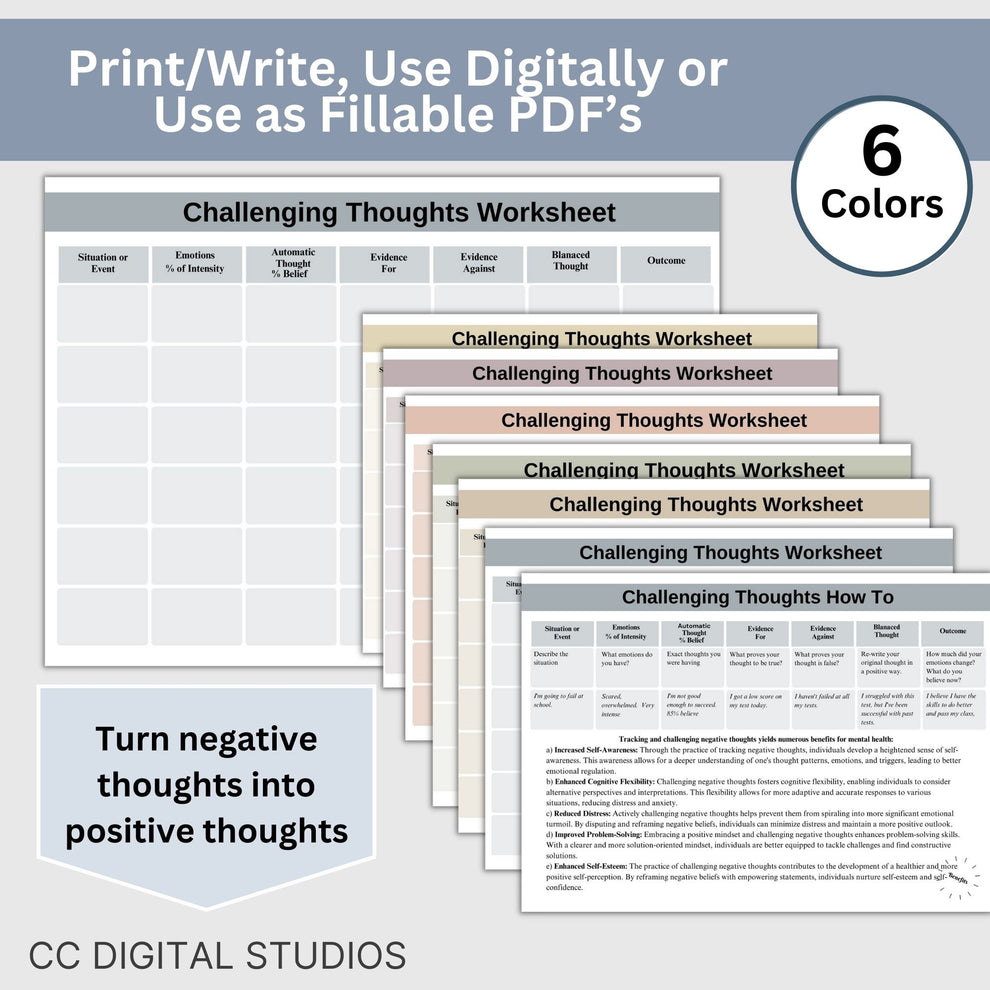 CBT Therapy Worksheets Challenge Negative Thoughts, Cognitive Distorti ...