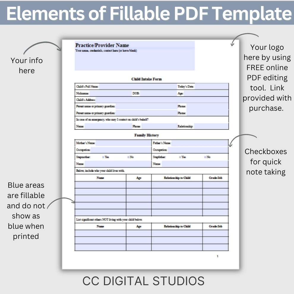 Child Intake Form: Simplify Your Therapy Sessions Fillable PDF ...