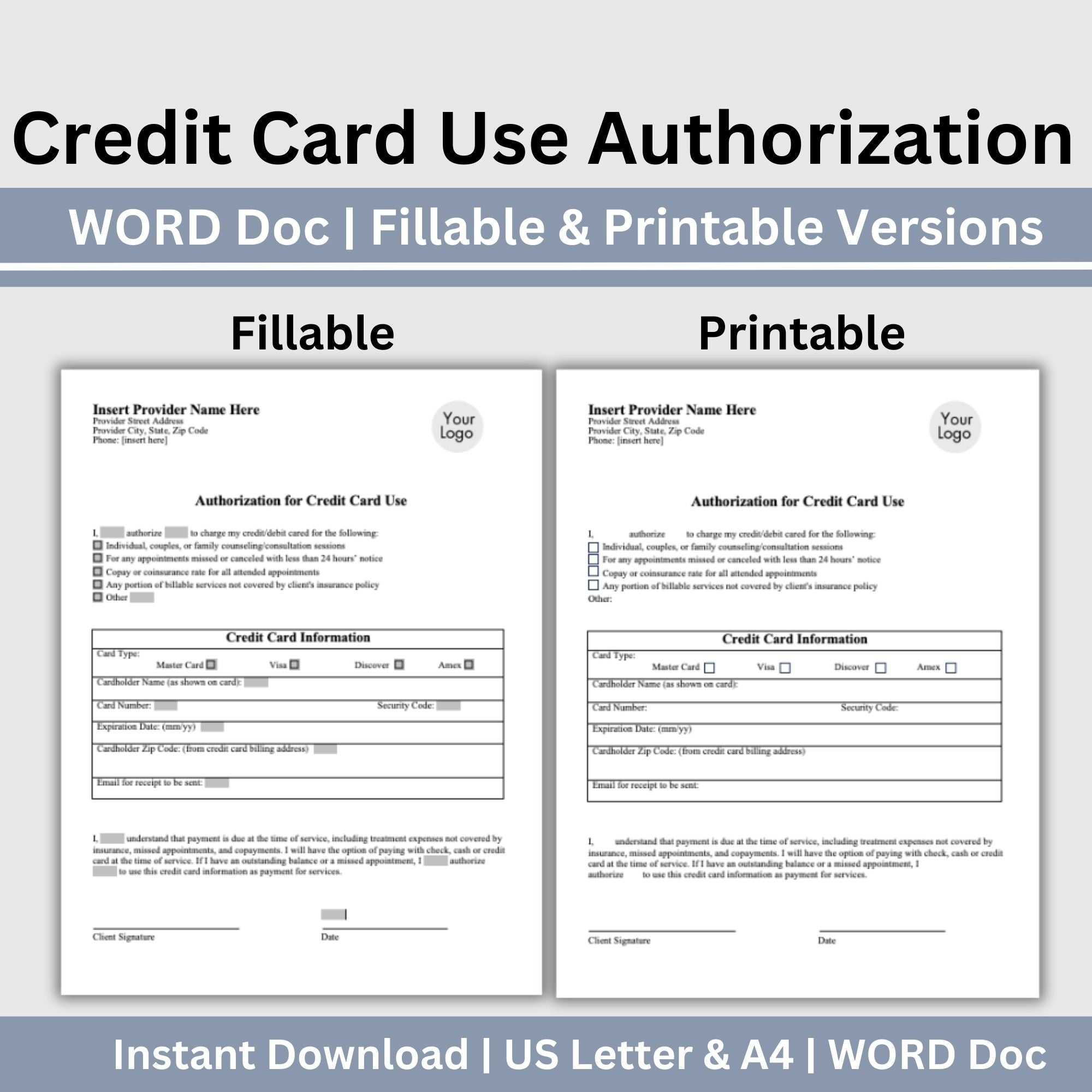 Credit Card Template, Editable & Fillable WORD Doc, Therapist Office A ...