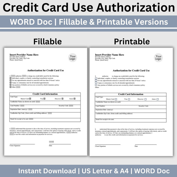 Credit Card Authorization Template: Editable WORD Doc for Therapist Of ...