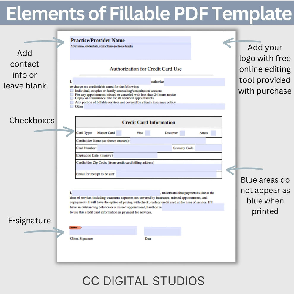 Credit Card Authorization Template: Fillable PDF for Mental Health Pro ...