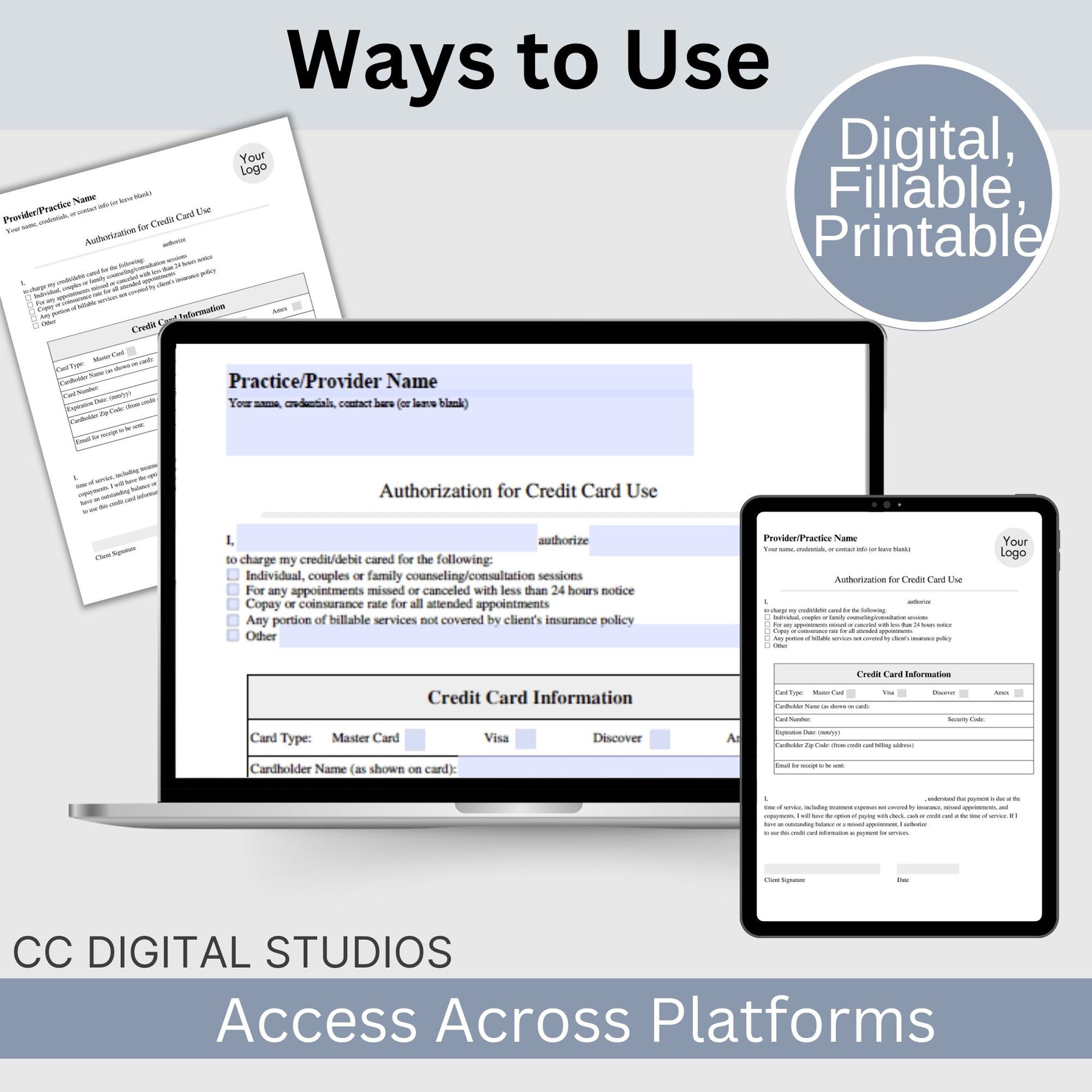 Credit Card Authorization Template: Fillable PDF for Mental Health Pro ...