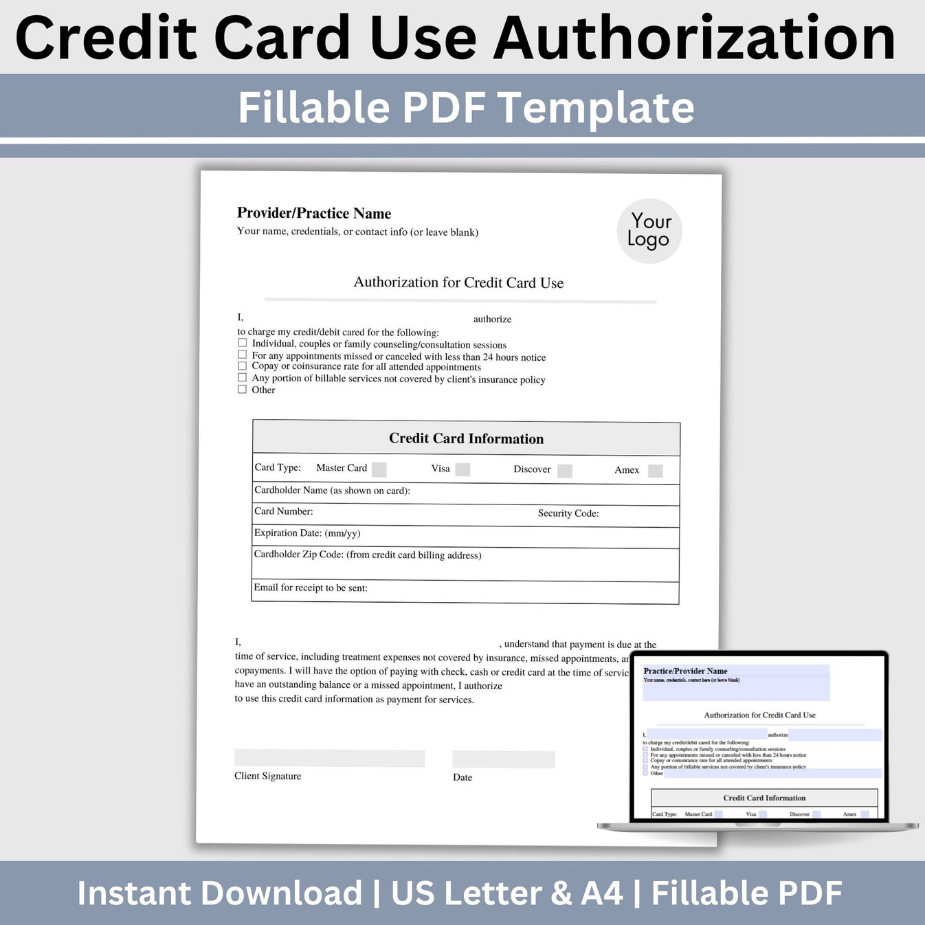 Credit Card Authorization Template: Fillable PDF for Mental Health Pro ...