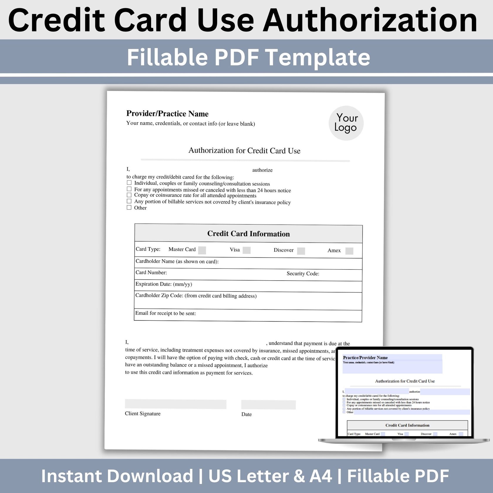 Credit Card Authorization Template: Fillable PDF for Mental Health Pro ...