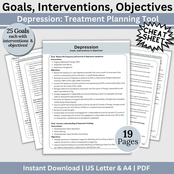 Depression Treatment Plan Therapy Tool: Goals, Objectives, Interventio ...