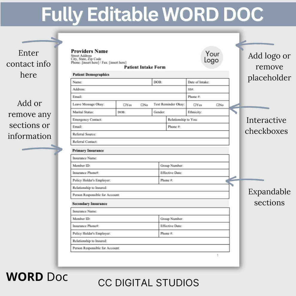 Medical Patient Intake Form - WORD Doc – CCDigitalStudios