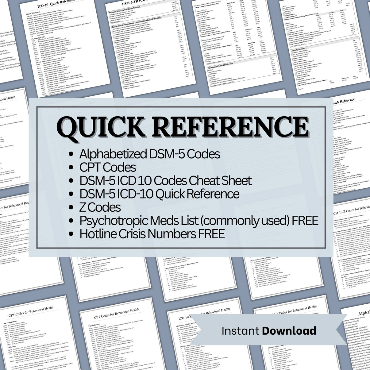 Mental Health Code Reference Sheets: ICD-10, DSM-5, CPT, Z Codes ...
