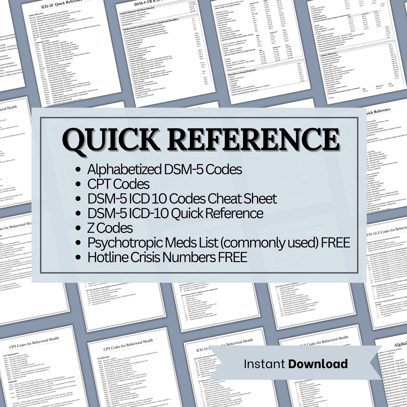 Mental Health Code Reference Sheets: ICD-10, DSM-5, CPT, Z Codes ...