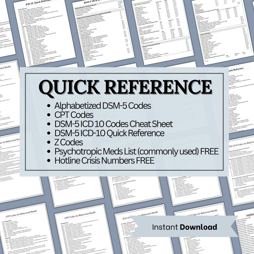 Mental Health Code Reference Sheets: ICD-10, DSM-5, CPT, Z Codes ...