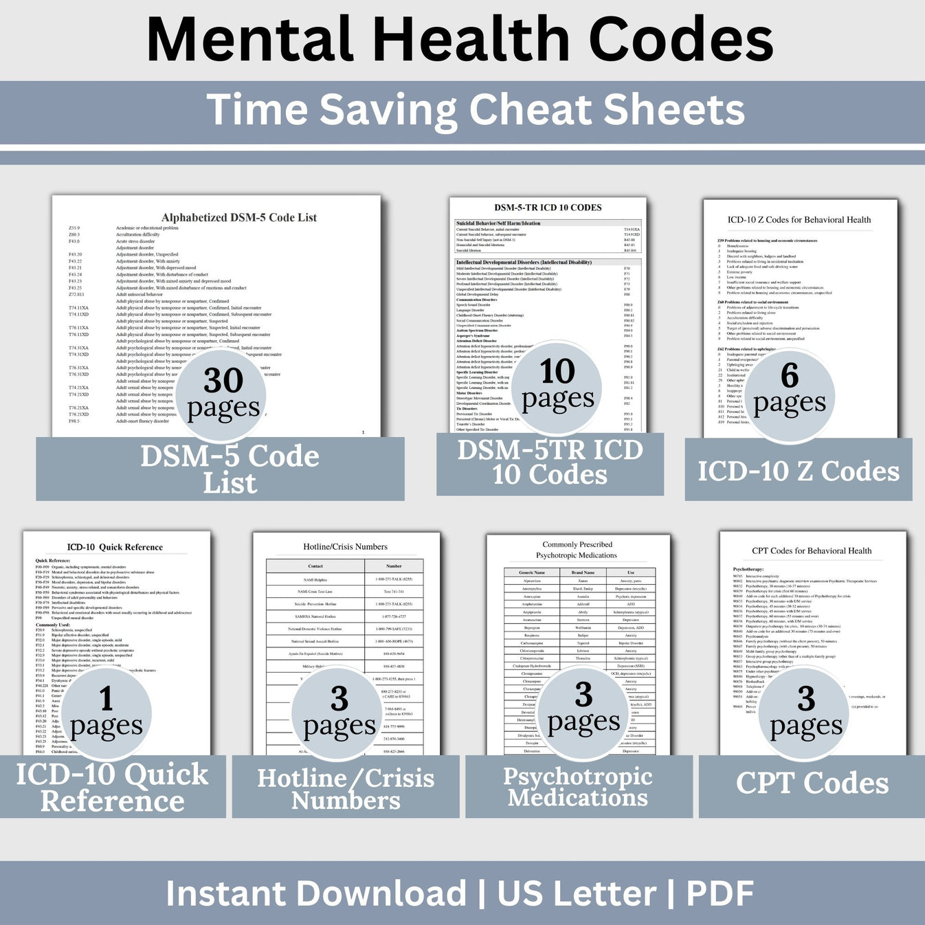 Mental Health Code Reference Sheets: ICD-10, DSM-5, CPT, Z Codes ...