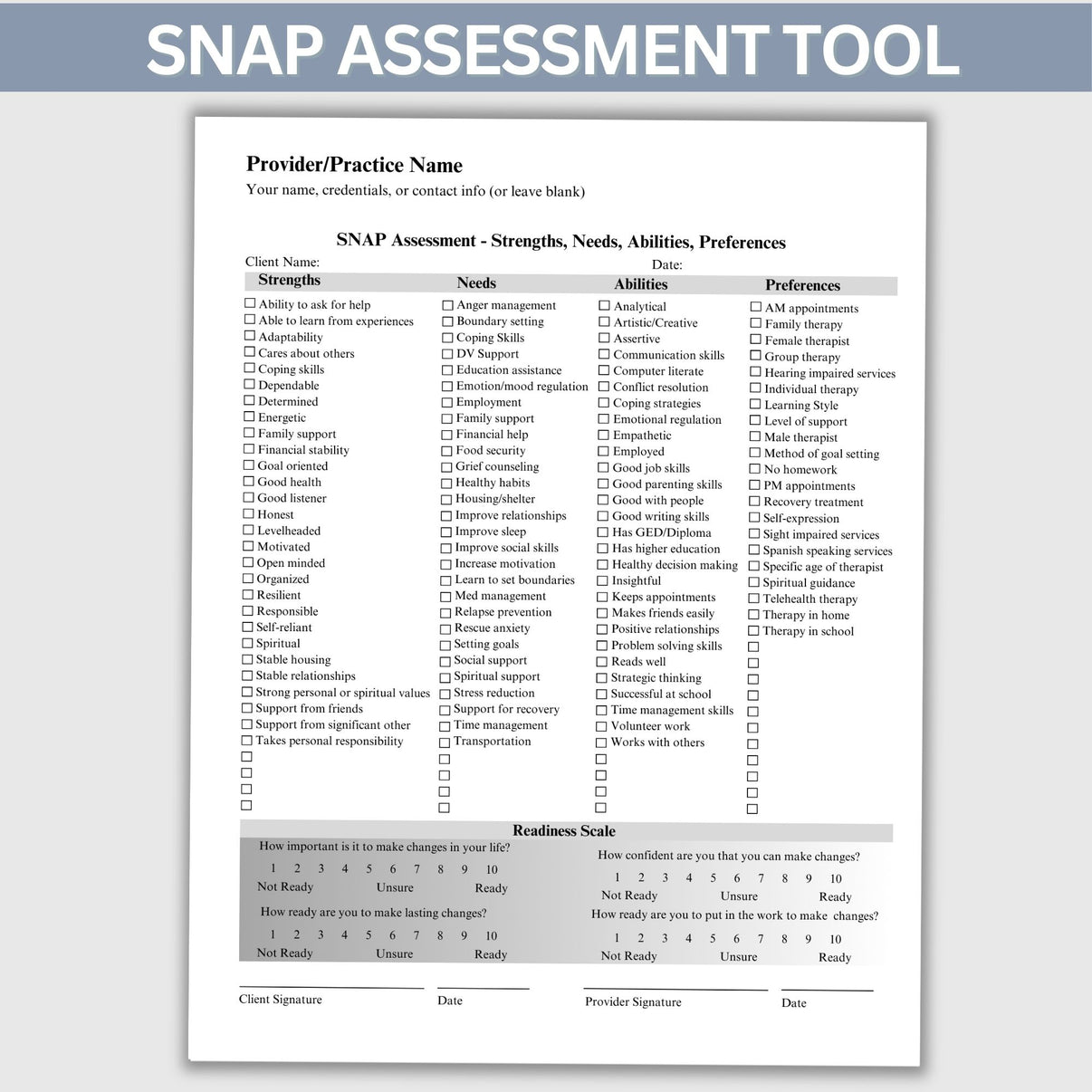 Needs Assessment (SNAP) Forms for Social Workers and Counselors ...