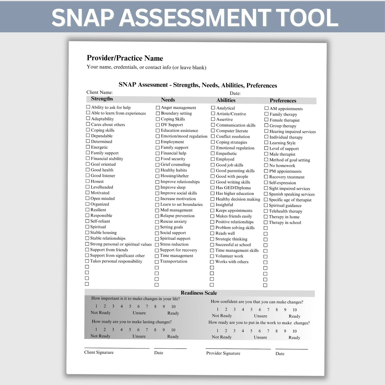 Needs Assessment (SNAP) Forms for Social Workers and Counselors ...
