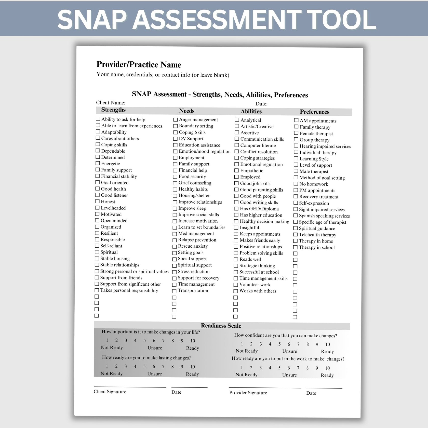 Needs Assessment (SNAP) Forms for Social Workers and Counselors ...