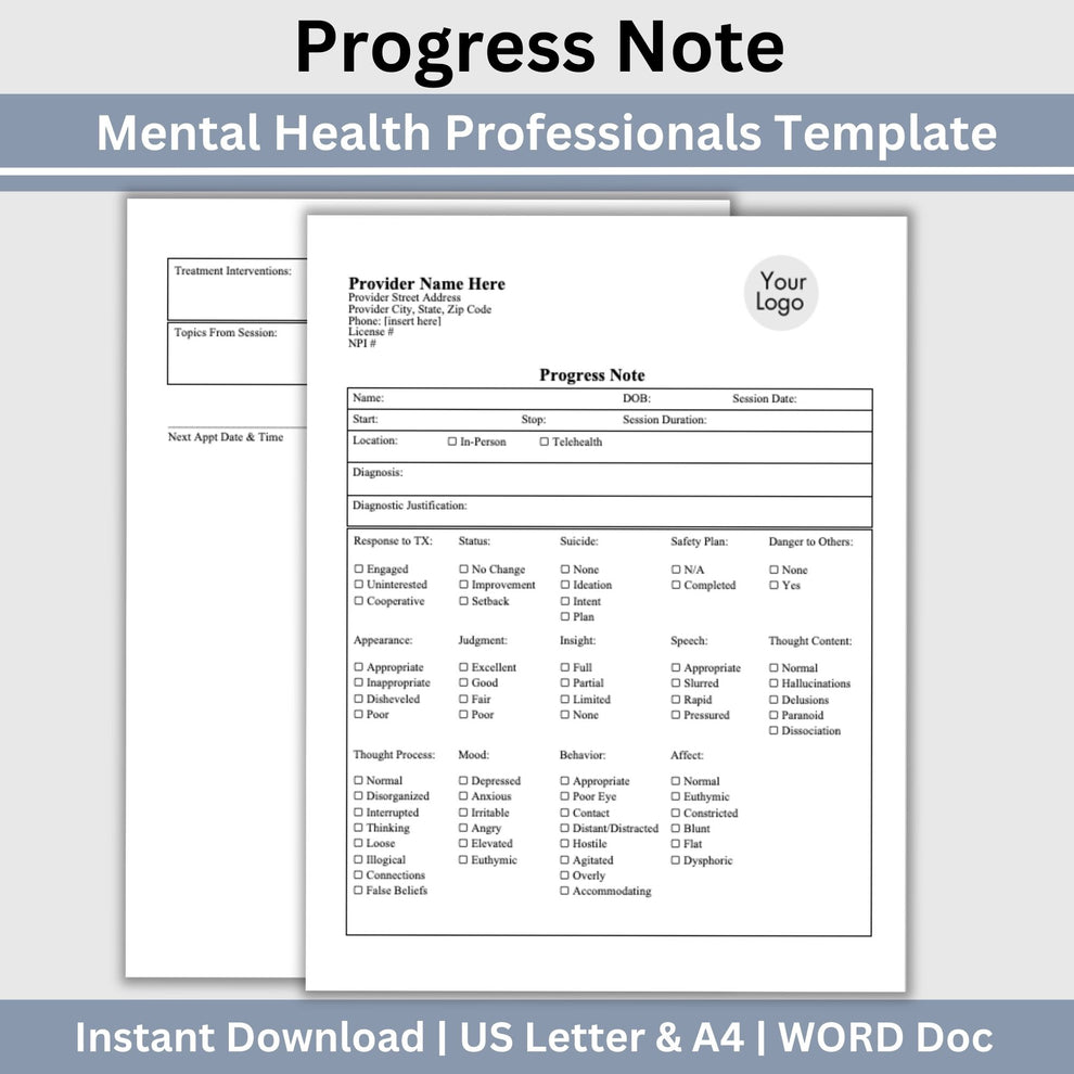 Progress Note Template: Editable WORD Doc – CCDigitalStudios