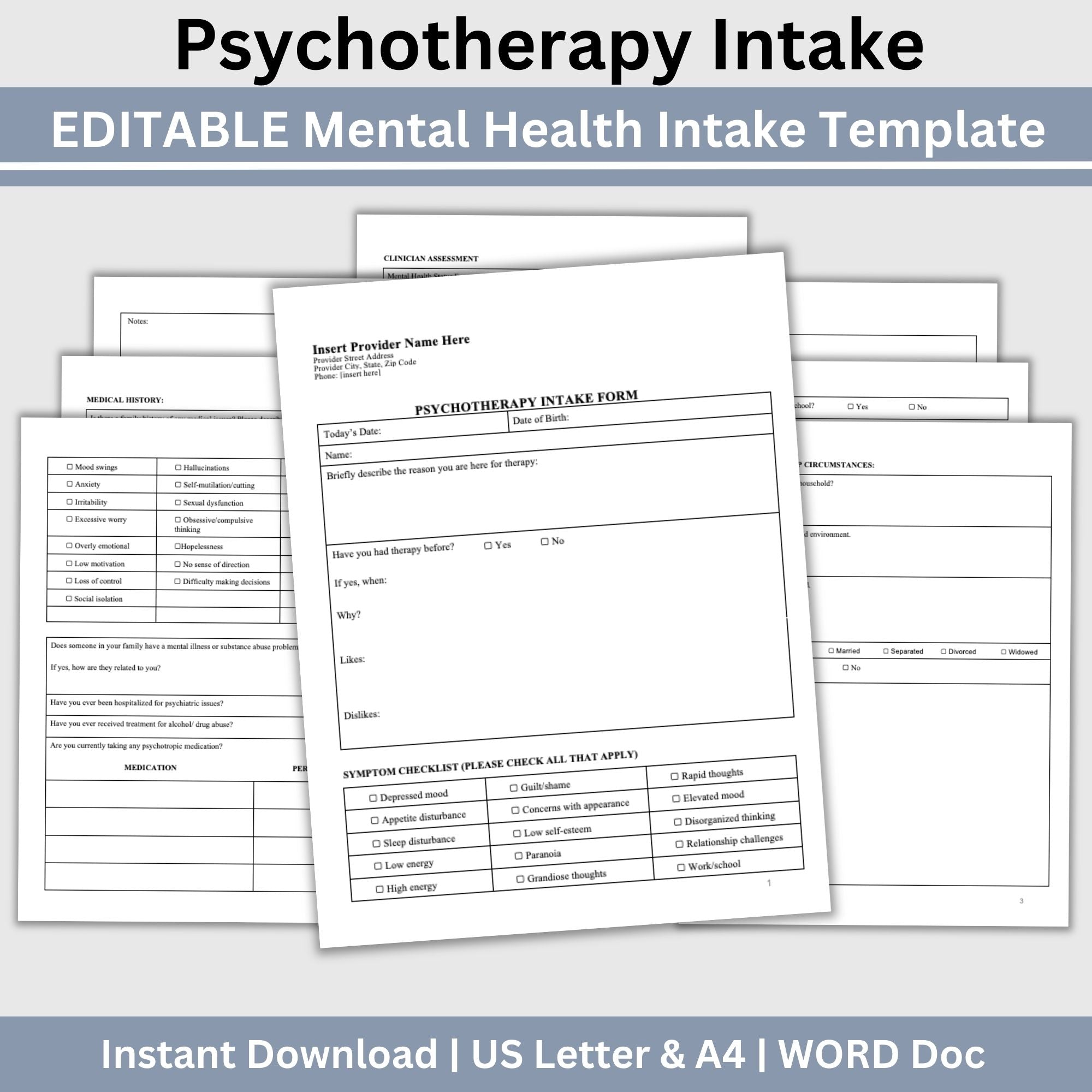 Psychotherapy Client Intake Form for Counseling Office (WORD Doc, Digi ...