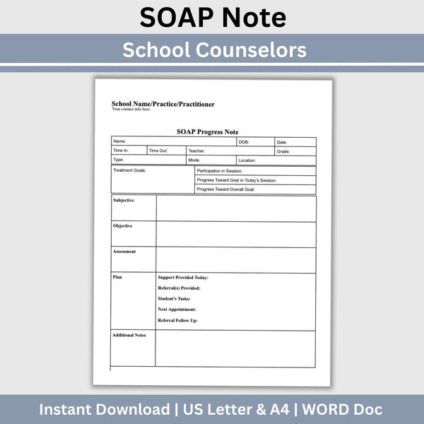 SOAP Progress Note Template for School Counselors – CCDigitalStudios