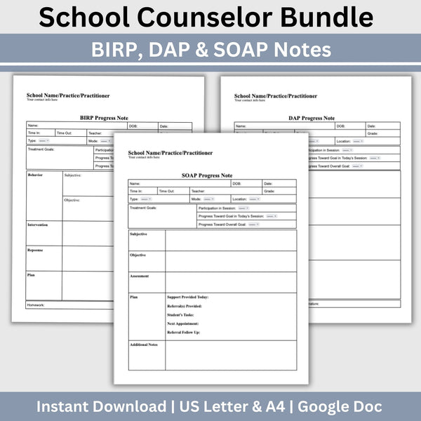 School Counselor Progress Note Bundle: BIRP, DAP, & SOAP Notes ...