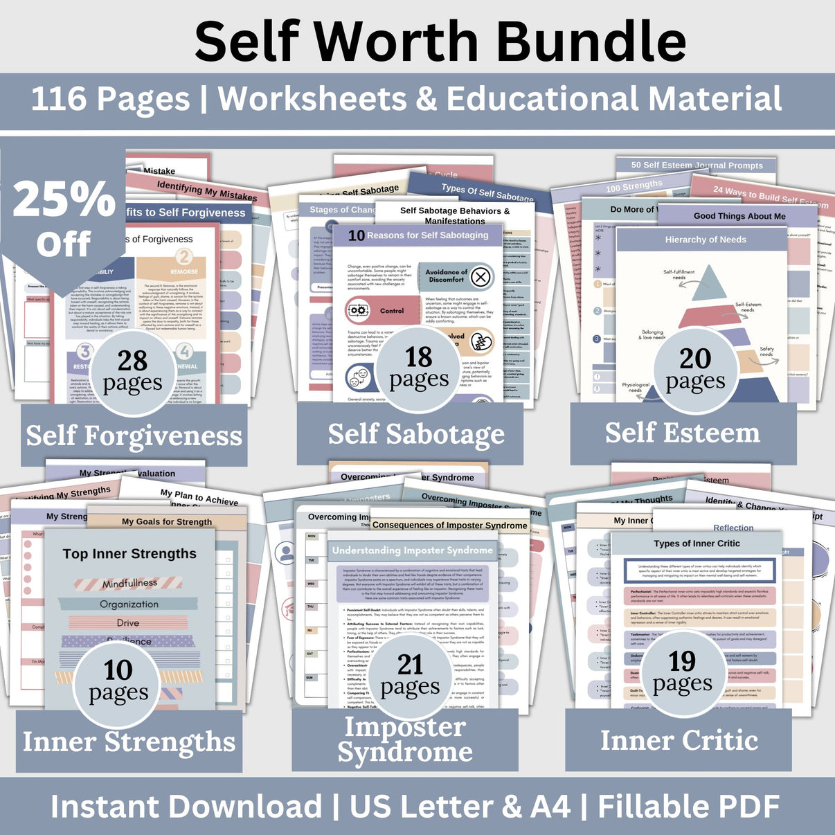 Self Worth Bundle: 116 Therapy Worksheets – CCDigitalStudios