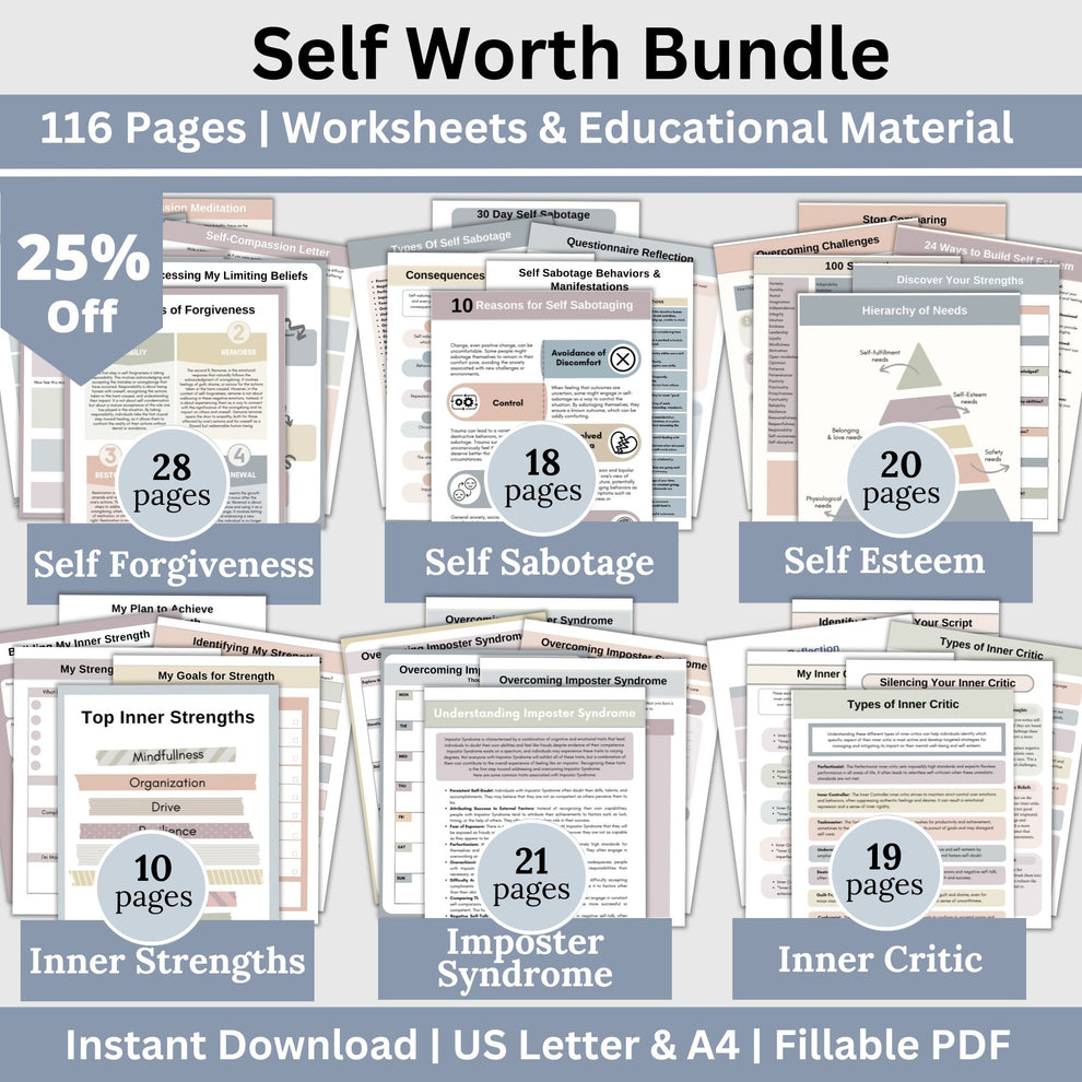 Self Worth Bundle: 116 Therapy Worksheets – CCDigitalStudios