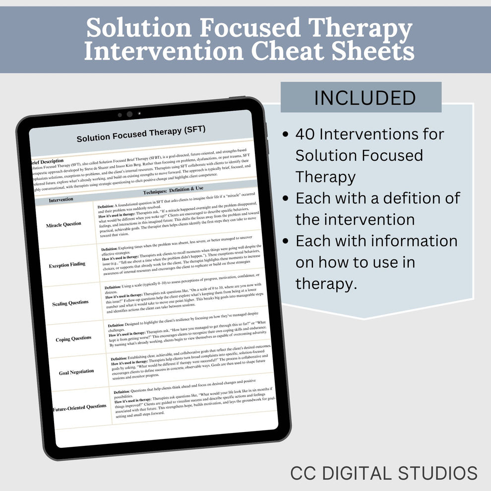 Solution Focused Therapy Interventions List Cheat Sheet – CCDigitalStudios