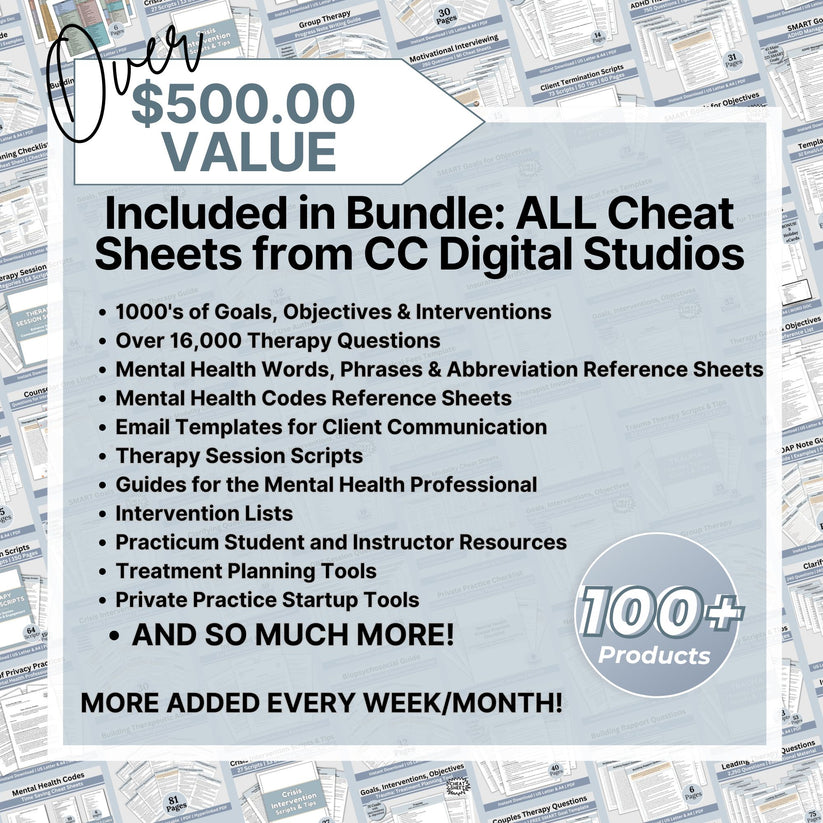 Whole Shop Bundle Therapy Cheat Sheets, Therapy Objectives and Goals, – CCDigitalStudios