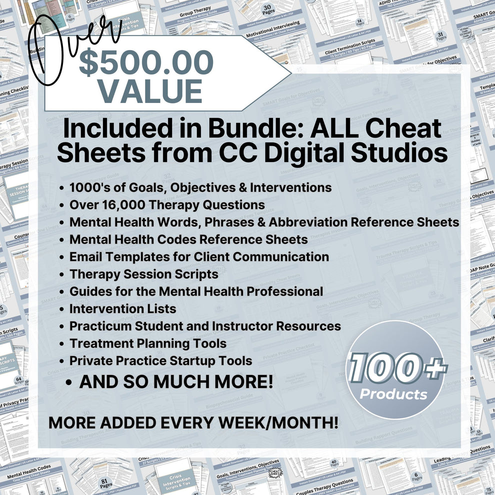Whole Shop Bundle Therapy Cheat Sheets, Therapy Objectives and Goals ...