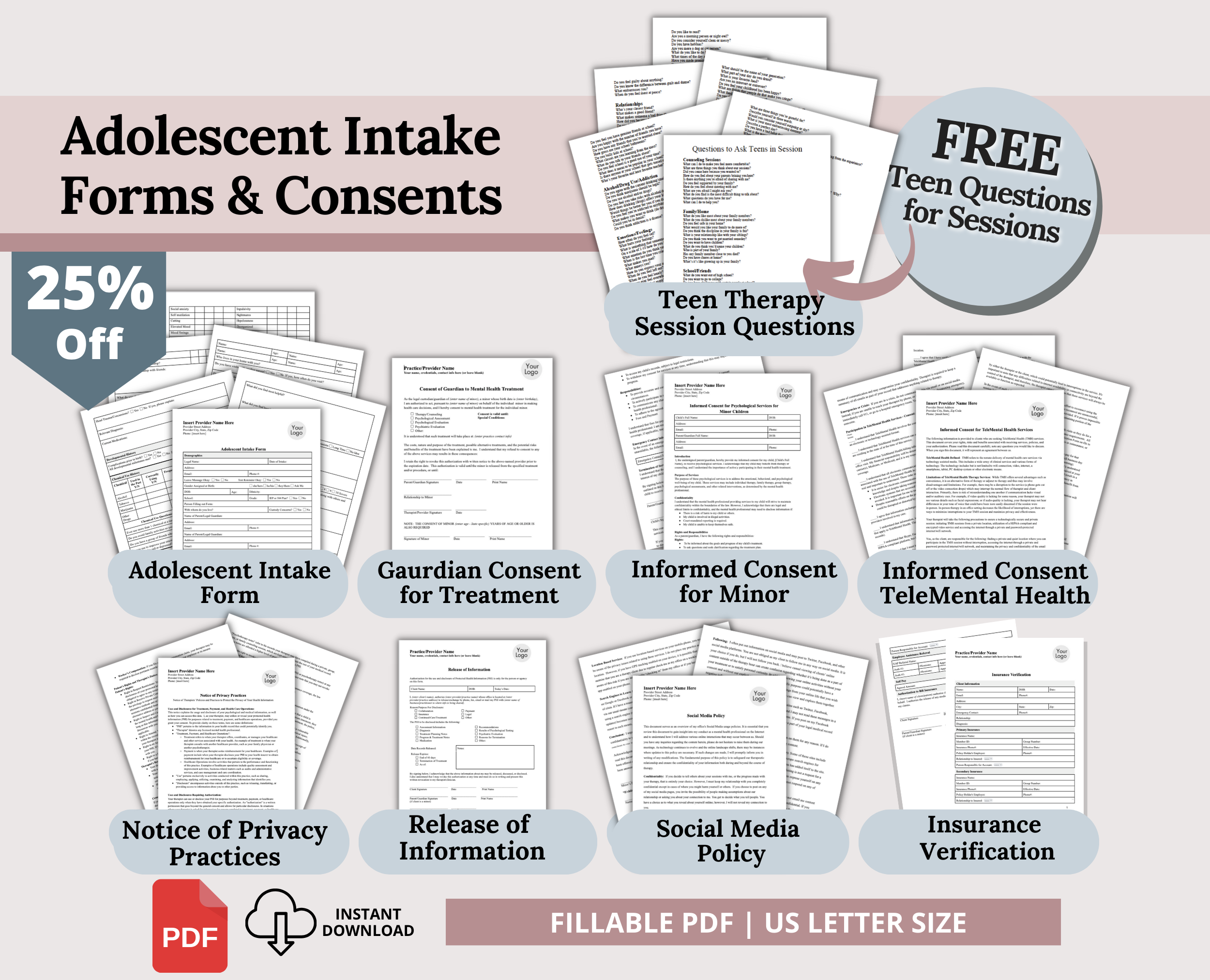 Adolescent Therapy Forms Bundle for Mental Health Professionals: Essen ...