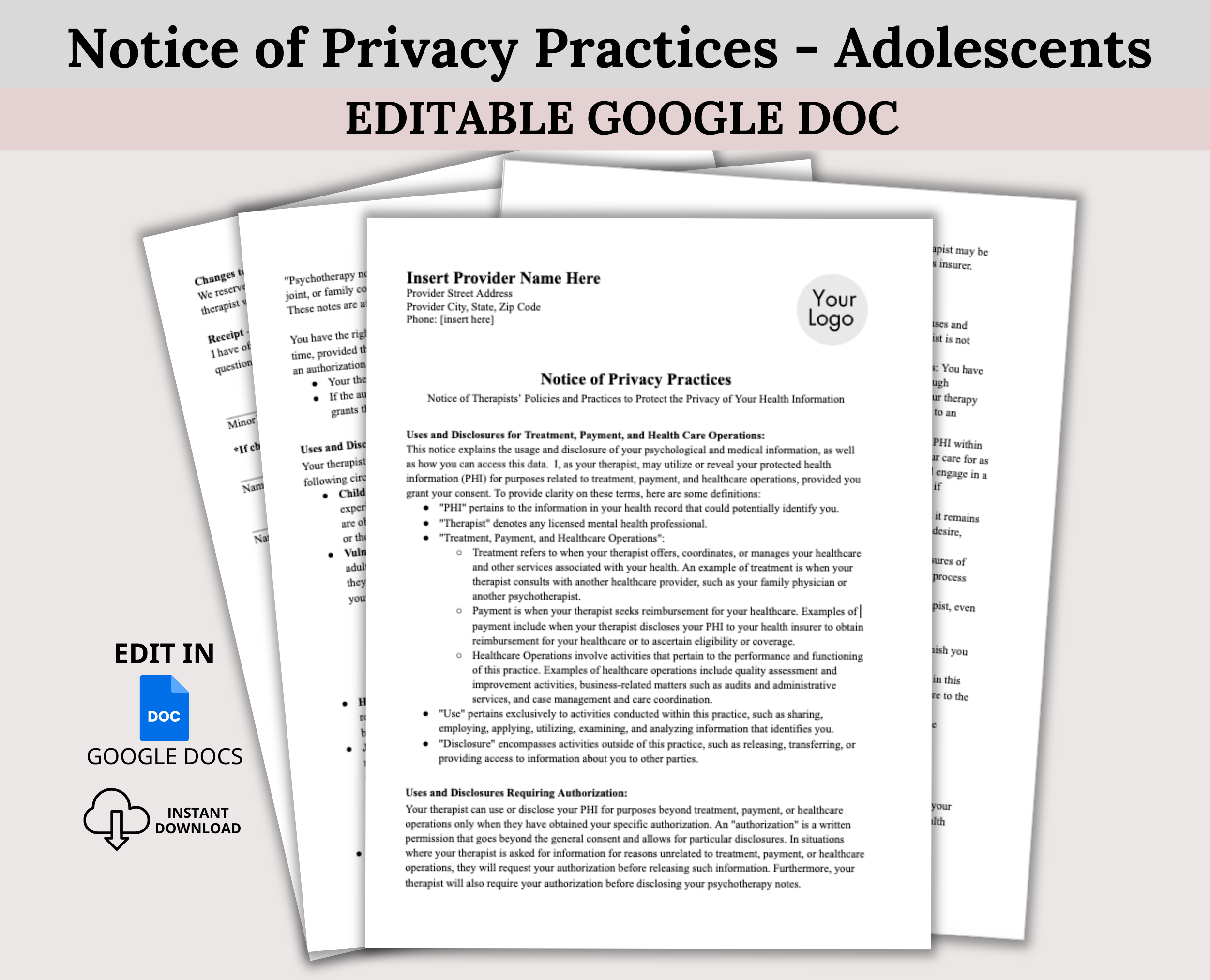 Notice of Privacy Practices Adolescent Therapy, Editable Google Doc – CCDigitalStudios
