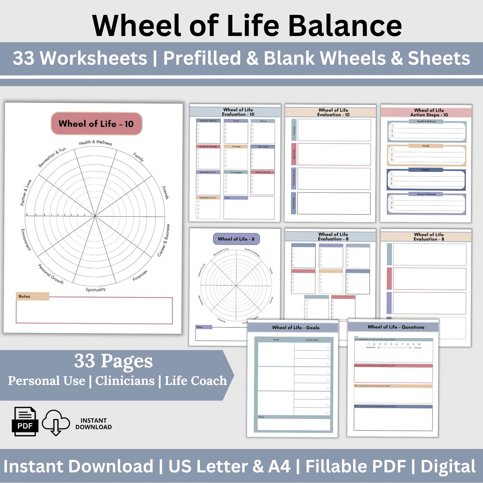 Wheel of Life Balance Therapy Worksheets: Self-Reflection and Growth T ...