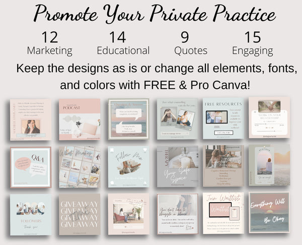 Therapist Instagram Marketing Template: 50 Editable Canva Posts for Pr ...